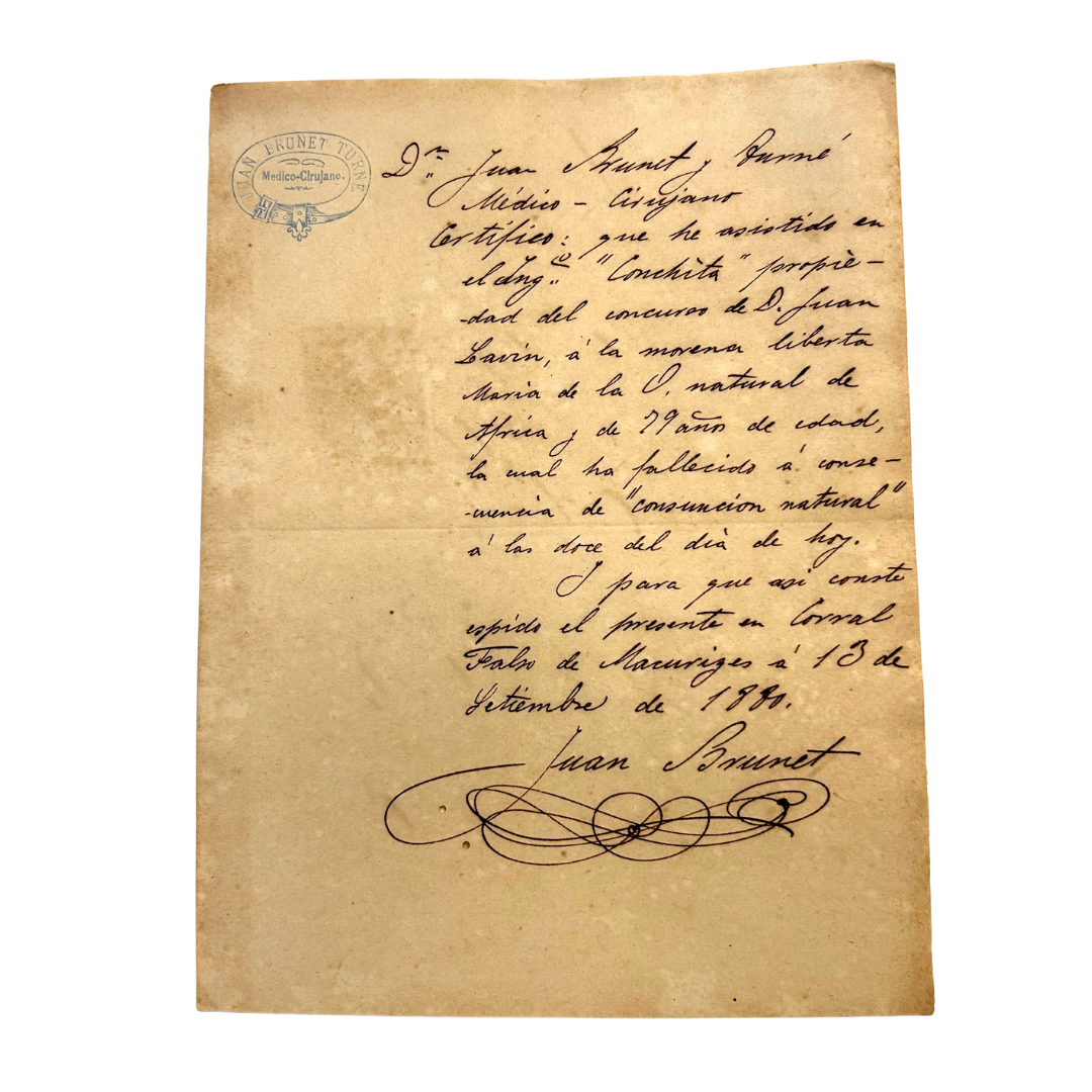 1880 Manuscript Death Certificate by a Cuban Physician Caring for an E ...