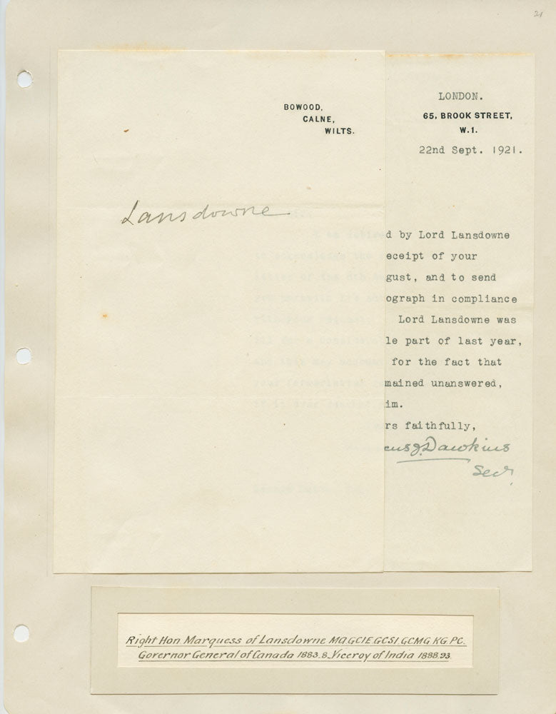 1921 Autograph of Lord Lansdowne, Gov. Gen. of Canada & Viceroy of Ind ...
