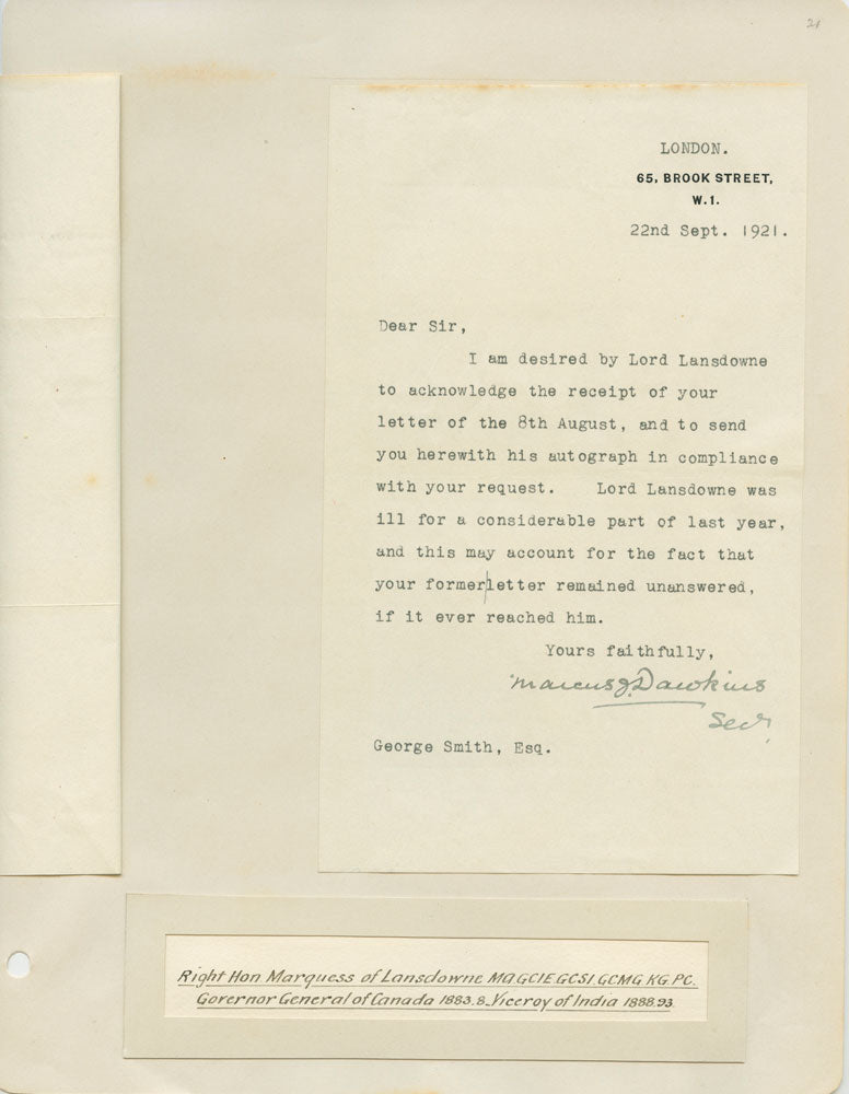 1921 Autograph of Lord Lansdowne, Gov. Gen. of Canada & Viceroy of Ind ...