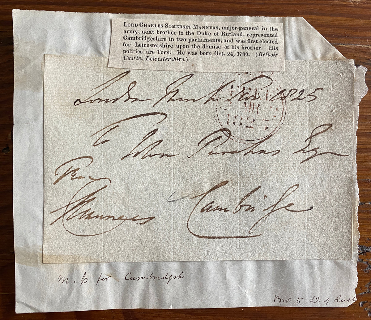 1825 Cut of Handwritten Postmarked Envelope by MP of Cambridge Charles ...