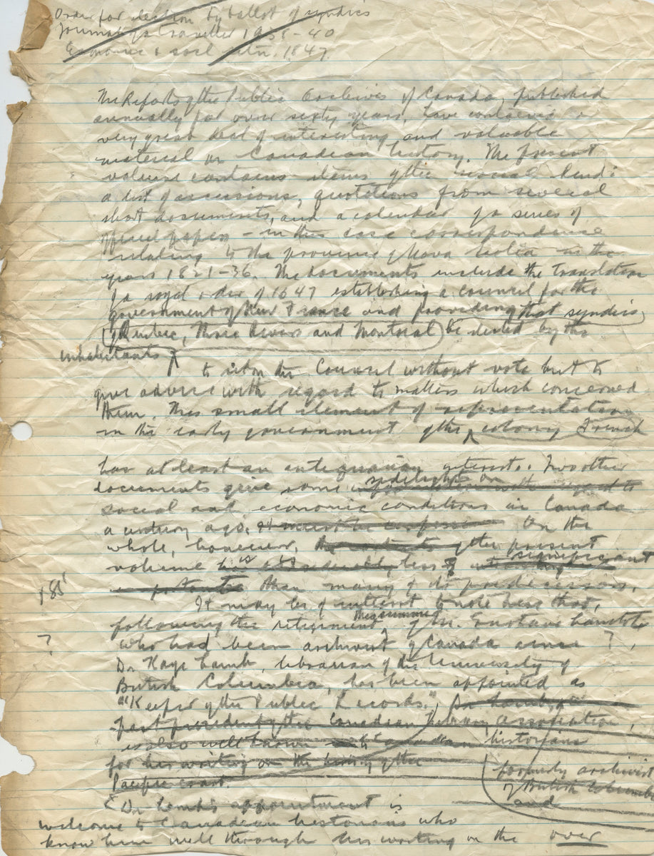 1948 Manuscript Draft of a Review of the Report on the Public Archives ...