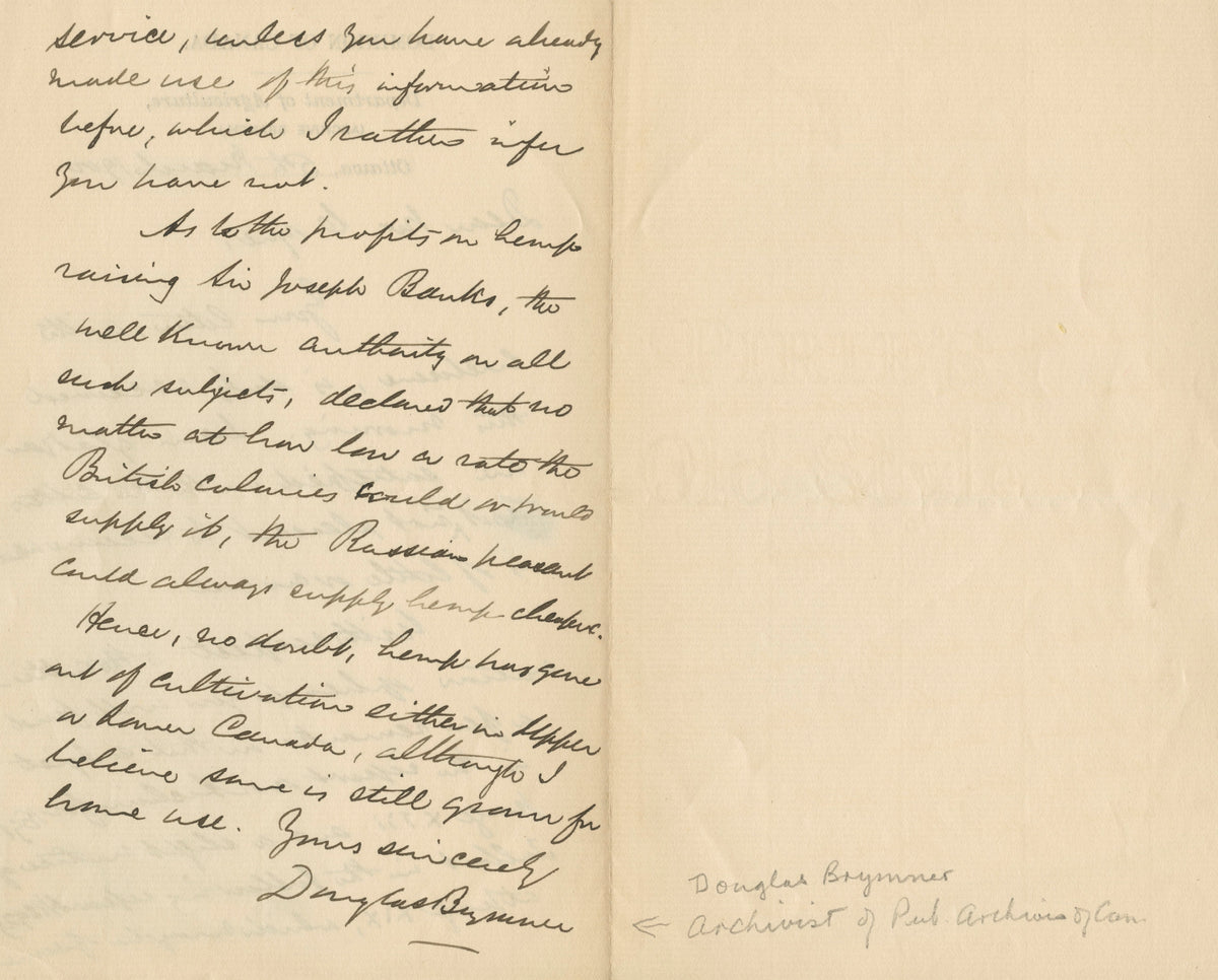 1900 Letter About Hemp Production and Sir Joseph Banks from Canadian P ...
