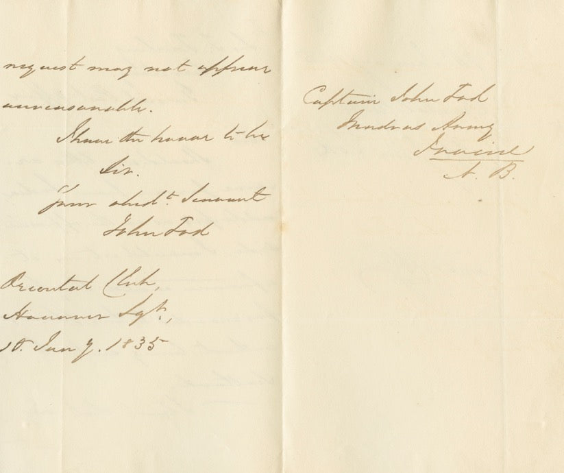 1835 Manuscript Letter Referencing Work as a British Soldier in Madras ...