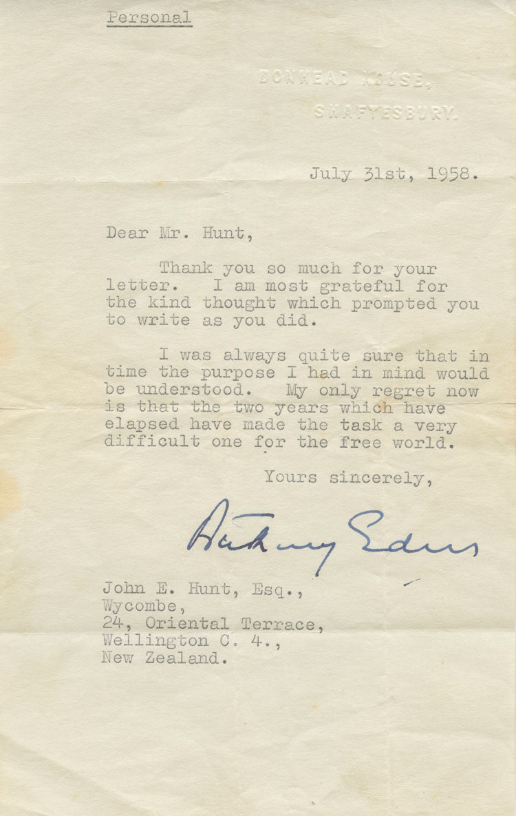 1958 Personal Letter from Conservative UK Prime Minister Robert Anthon ...