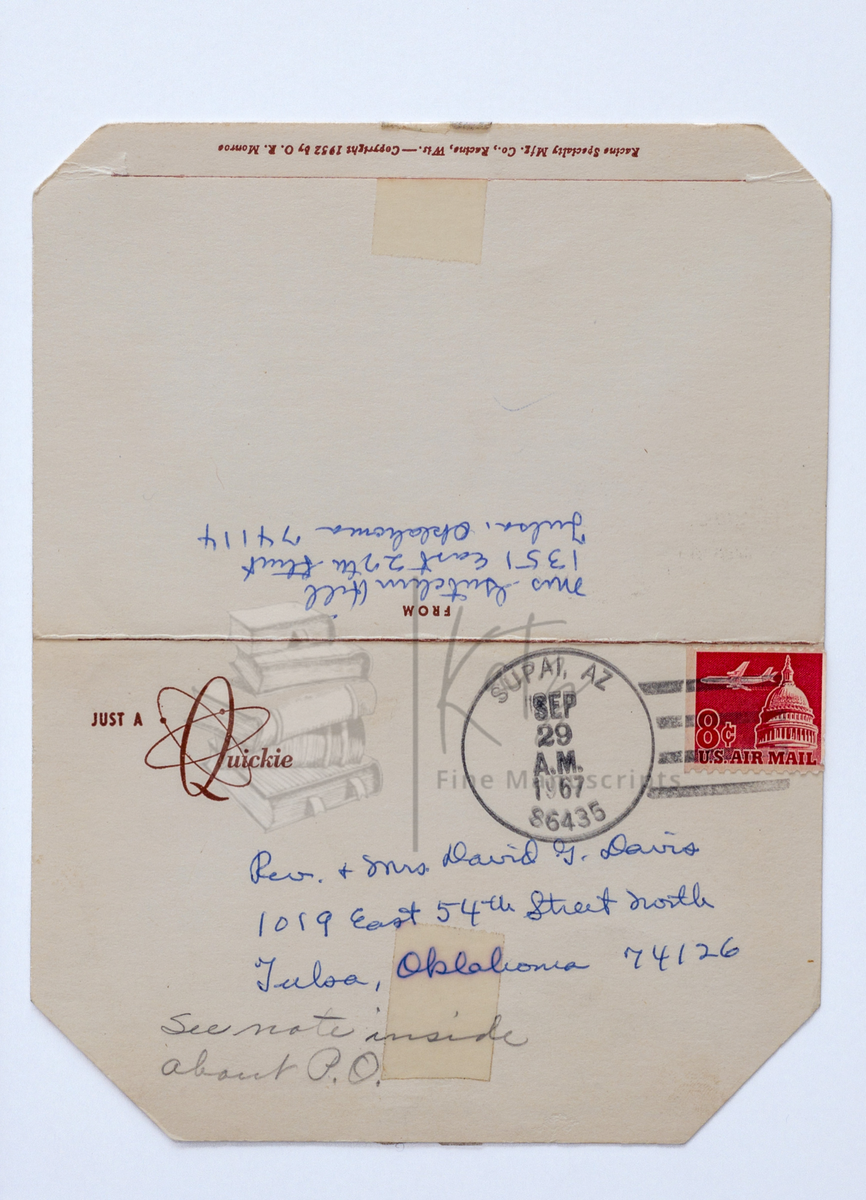 1967 Postcard with Cancelled Supai, United States Post Office Stamp ...