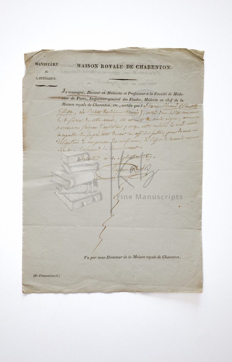 1819 Medical Letter from “Lunatic Asylum” Maison Royale De Charenton S ...